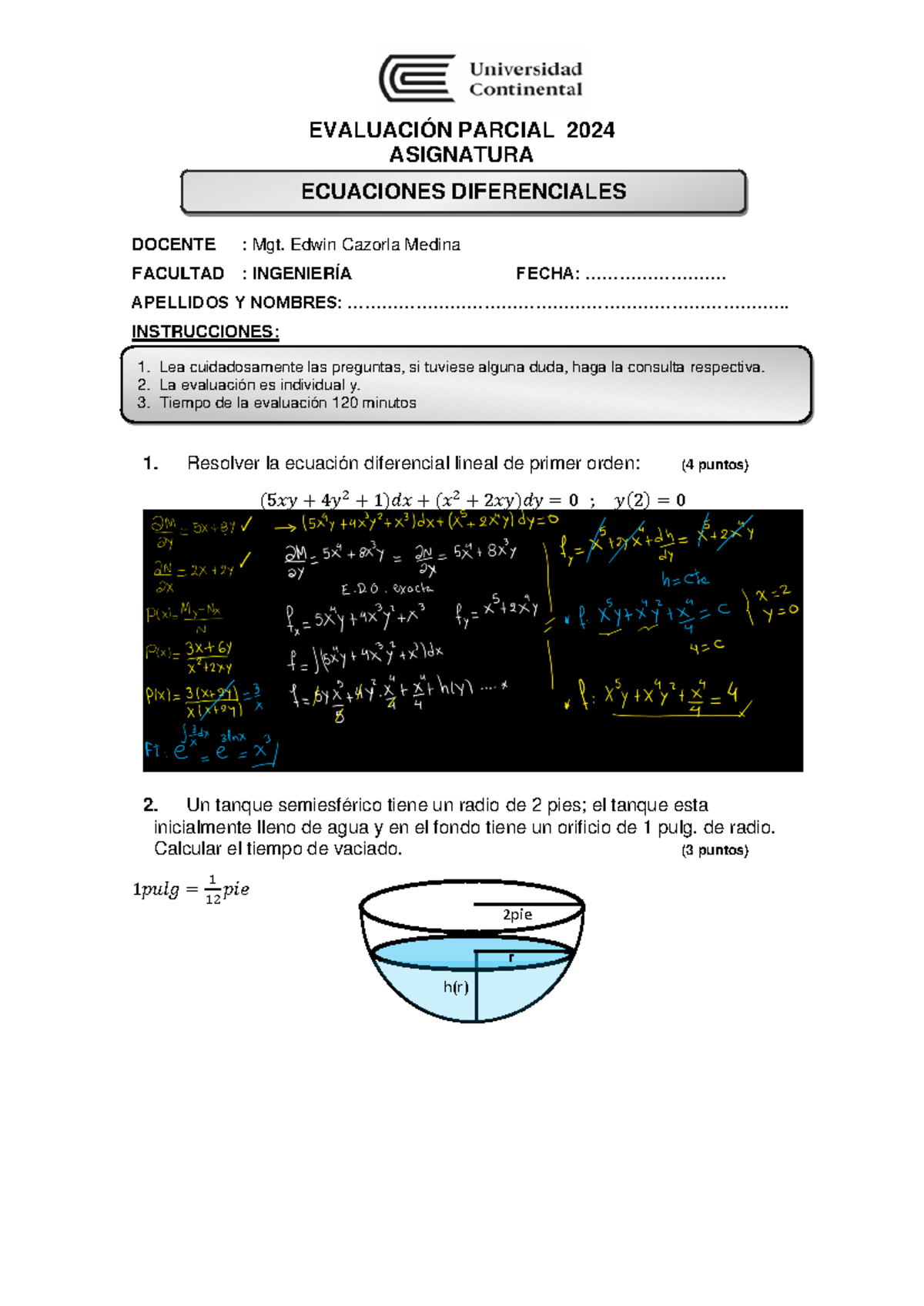 Examen Parcial Ecuaciones Diferenciales 2024 solucionario - EVALUACIÓN PARCIAL 2024 ASIGNATURA ...