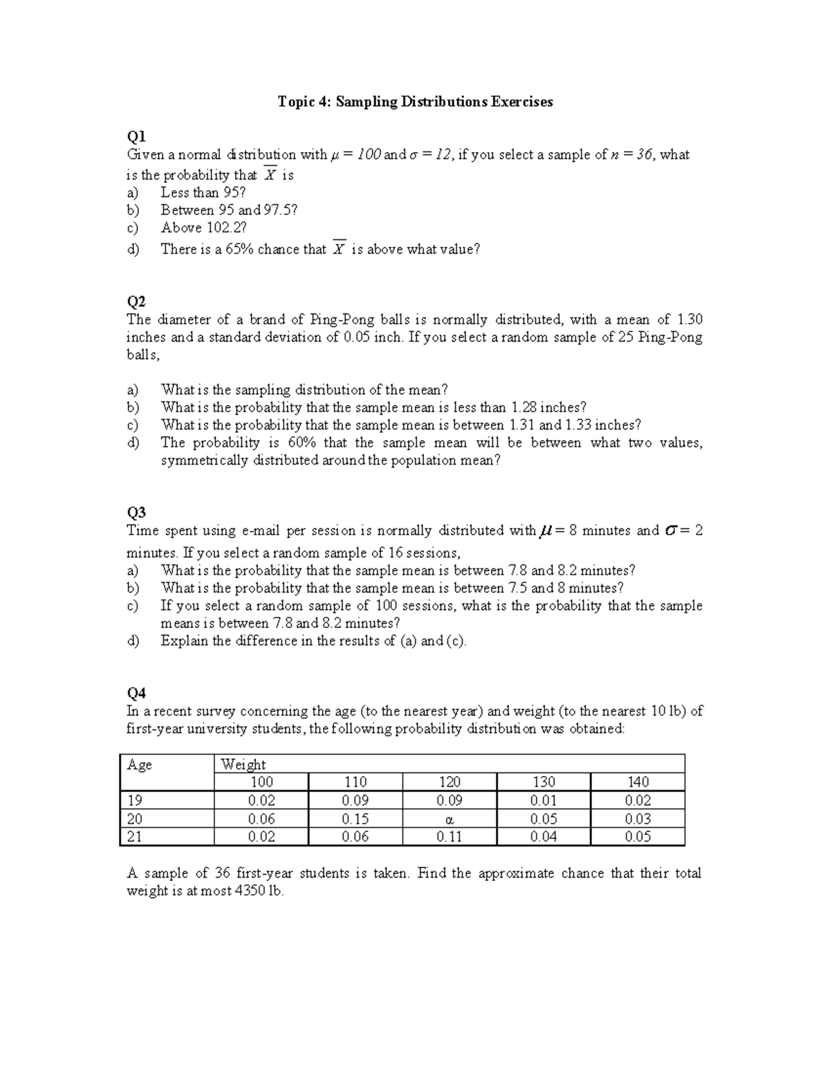 Topic 4 Questions - NOTE - Topic 4: Sampling Distributions Exercises Q ...