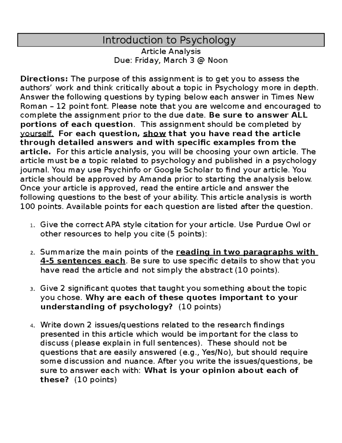 Article Analysis - ArT Anals - Introduction to Psychology Article ...