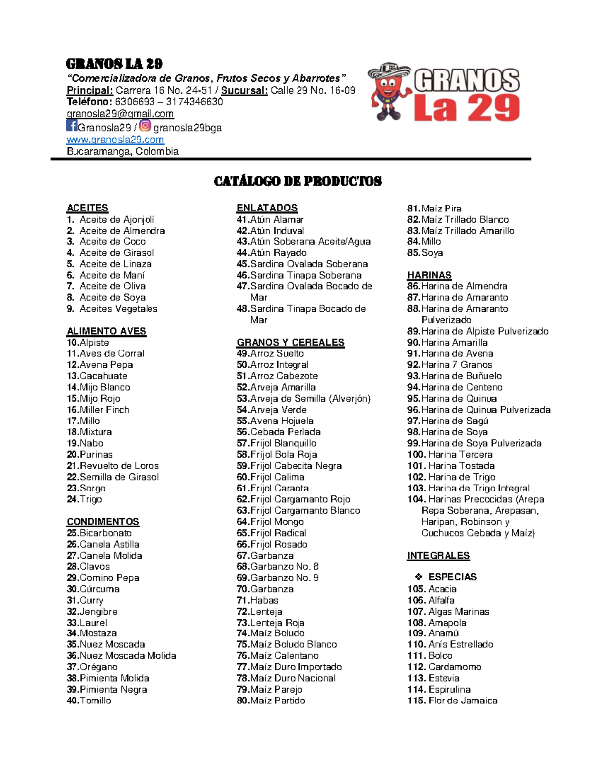 Catalogo Productos Granos LA 29 - GRANOS LA 29 “Comercializadora de ...