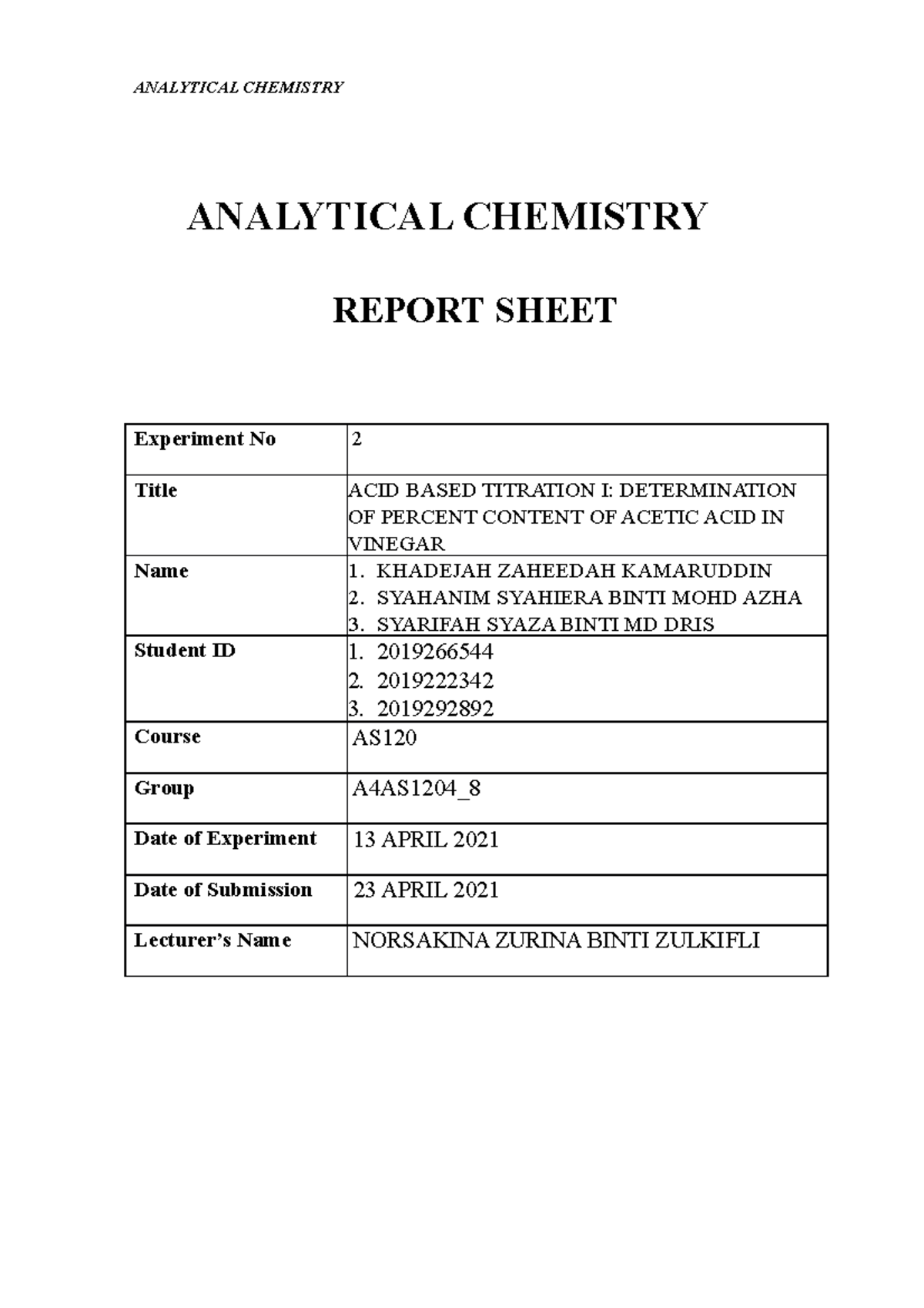 Experiment 2 CHM256 CHEMISTRY - ANALYTICAL CHEMISTRY REPORT SHEET ...