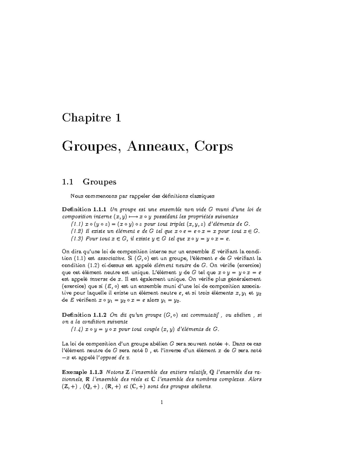 Cours D'algebre-3 - Chapitre 1 Groupes, Anneaux, Corps 1 Groupes Nous ...