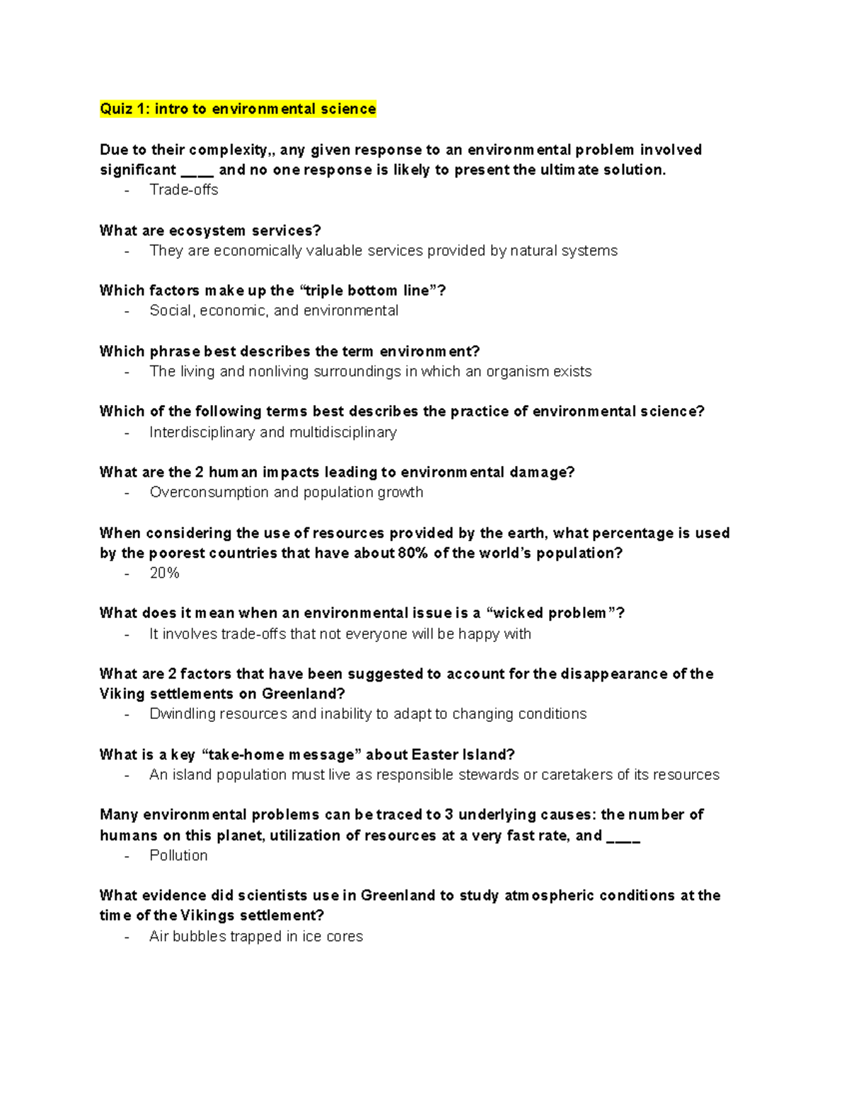 ENVS1000U...... - Quiz 1: intro to environmental science Due to their ...