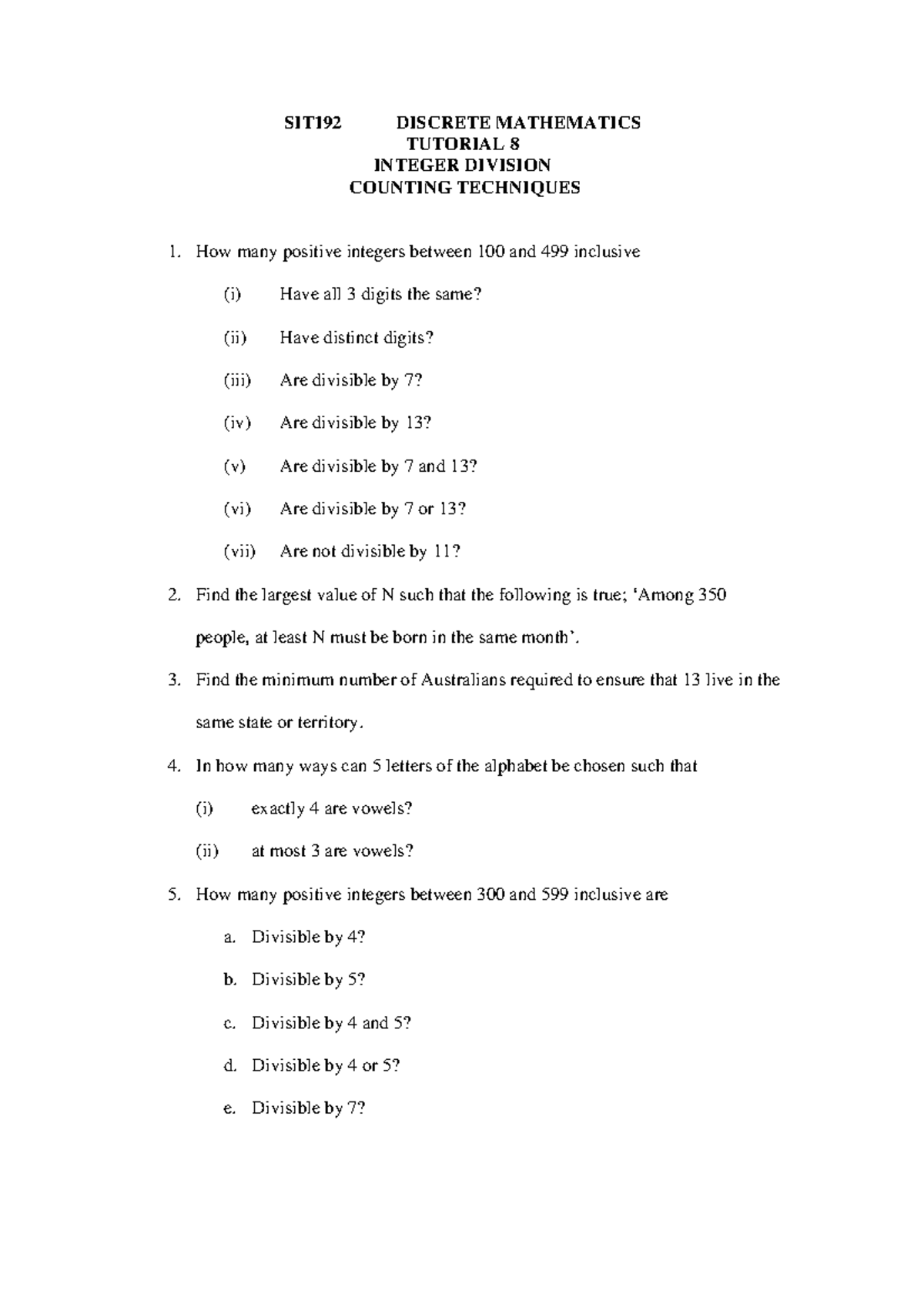 Math Tutorial 8-11 - SIT192 DISCRETE MATHEMATICS TUTORIAL 8 INTEGER ...