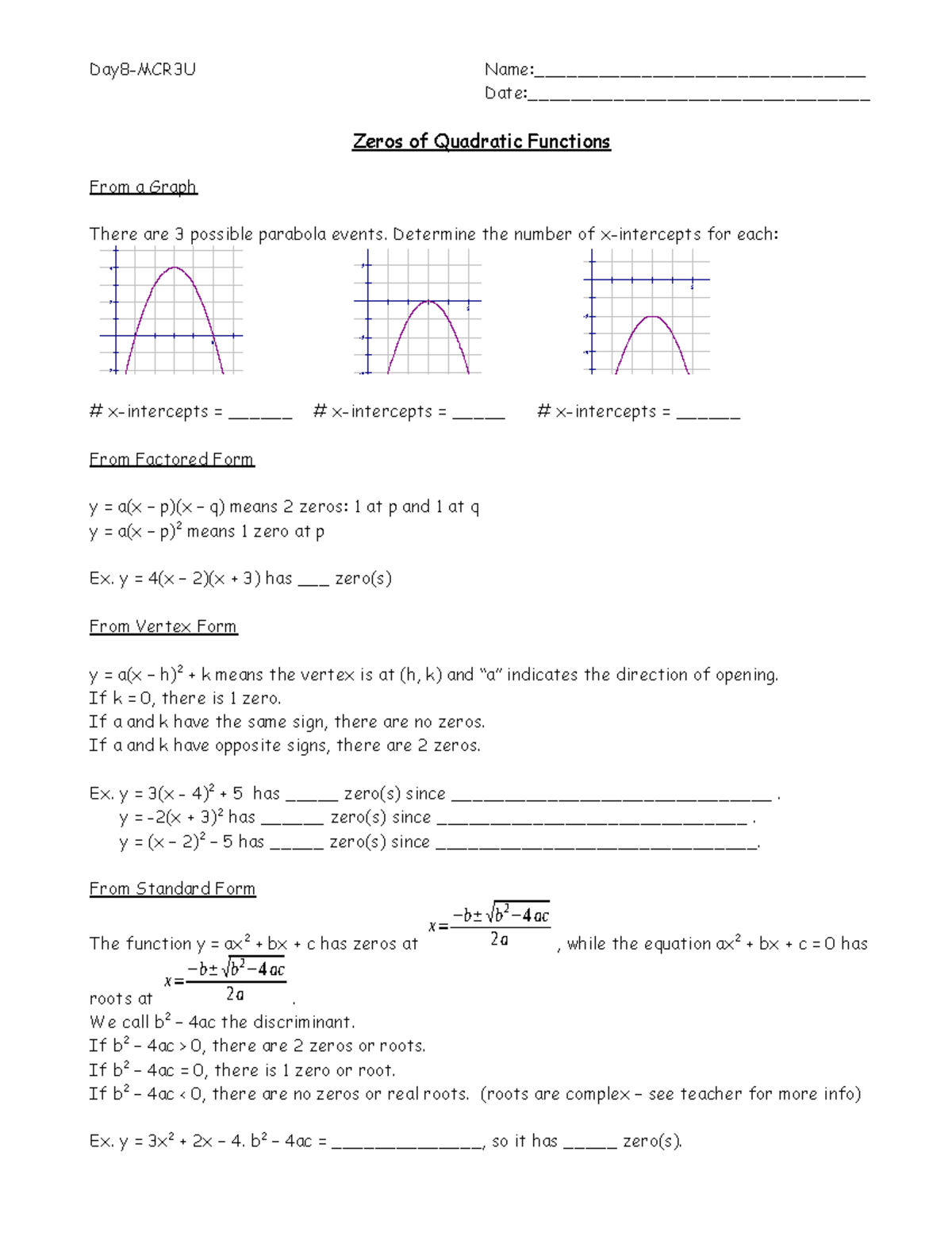 Day8- zeros of quadratic functions - Day8-MCR3U Name ...