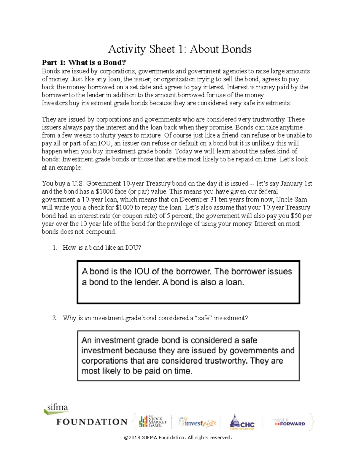 Business- Bonds Worksheet - Activity Sheet 1: About Bonds Part 1: What ...