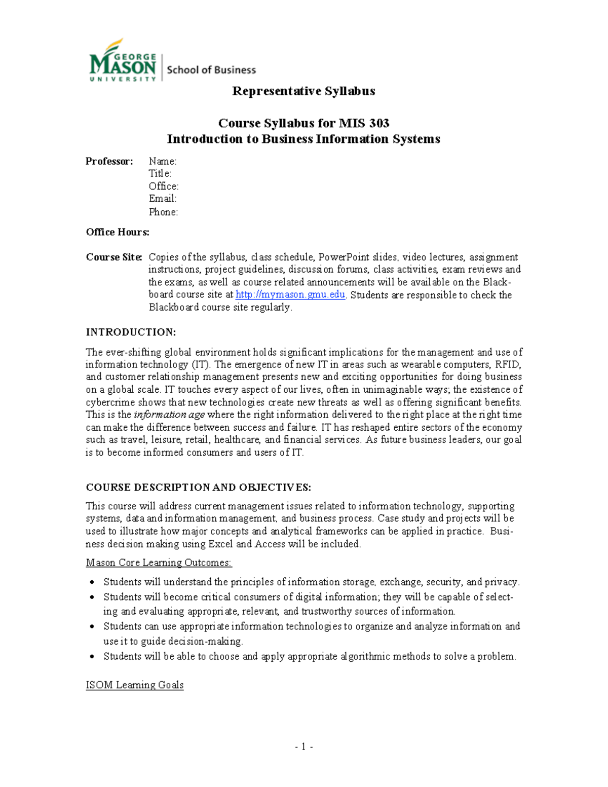 Mis 303 master syllabus - 1 - Representative Syllabus Course Syllabus ...