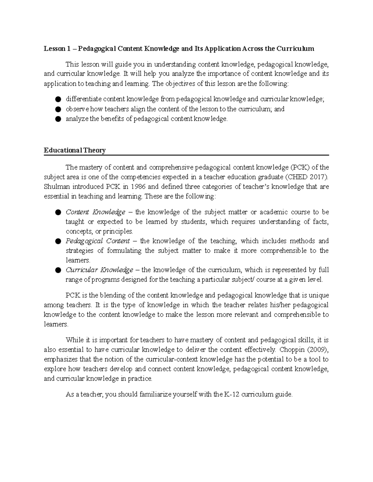 EL WORK Sheets FOR Chapter 1 - Lesson 1 – Pedagogical Content Knowledge ...