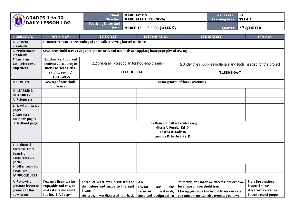 DLL TLE-HE 6 Q3 W5 - master - GRADES 1 to 12 DAILY LESSON LOG School: MABUHAY E. Grade Level: VI ...