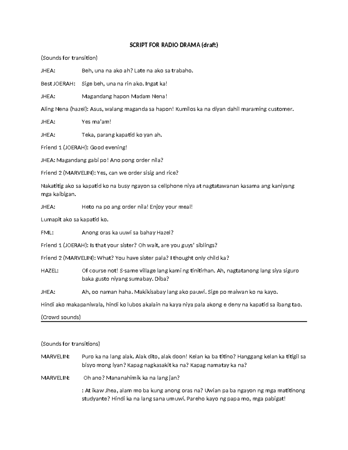 Script for Radio Drama Final - SCRIPT FOR RADIO DRAMA (draft) (Sounds ...