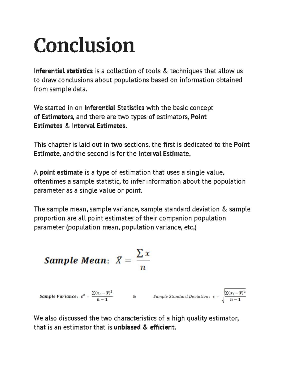 Point Estimates & CI - Conclusion Inferential statistics is a ...