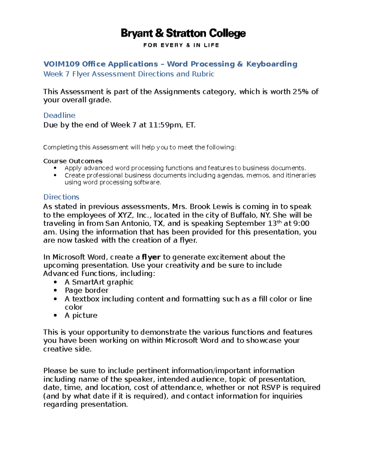 VOIM109 - Week 7 Flyer Assessment - VOIM109 Office Applications – Word Processing & Keyboarding ...