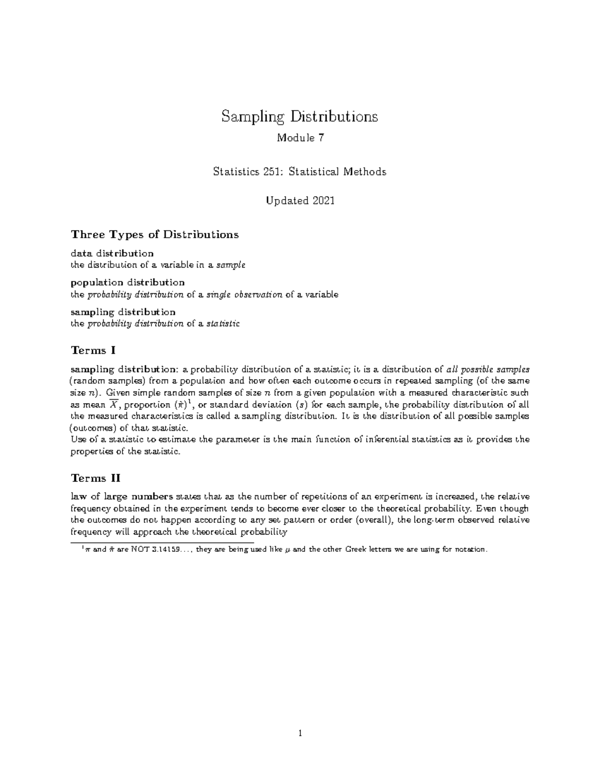 Mod7 - Lectures note - Sampling Distributions Module 7 Statistics 251 ...
