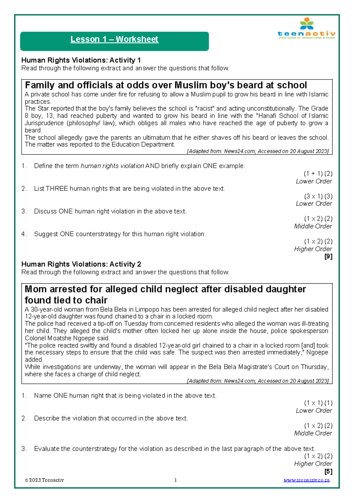 Human Rights Worksheet - Human Rights Violations: Activity 1 Read ...