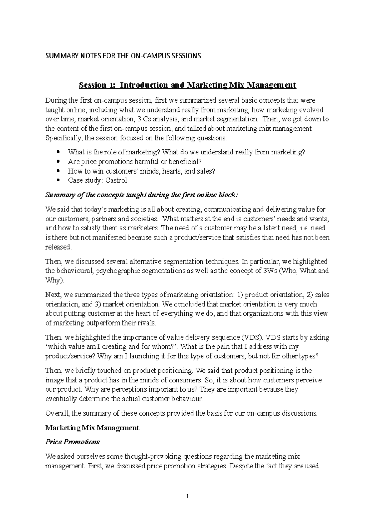 Lectures summary notes MM - SUMMARY NOTES FOR THE ON-CAMPUS SESSIONS ...