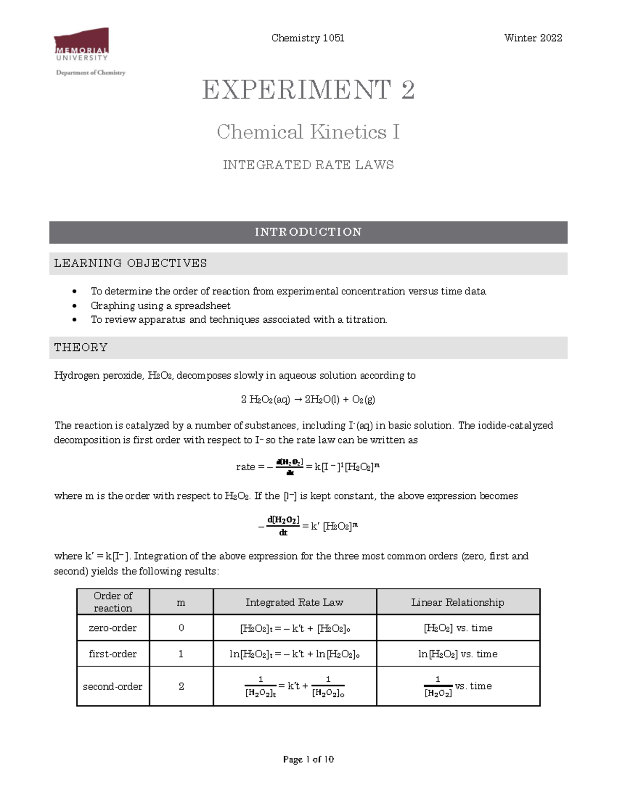 1051 Exp 2 Rate Law - lab - Chemistry 1051 Winter 2022 EXPERIMENT 2 ...