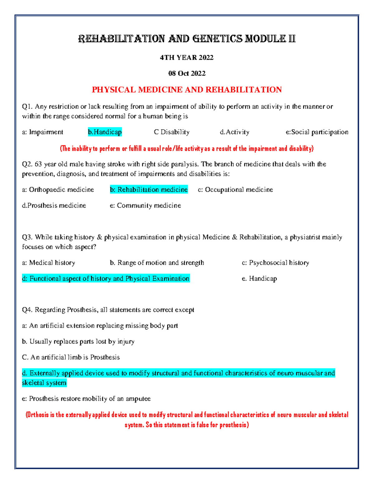 D24 Rehabilitation and Genetics Module II Paper Solved - Rehabilitation ...