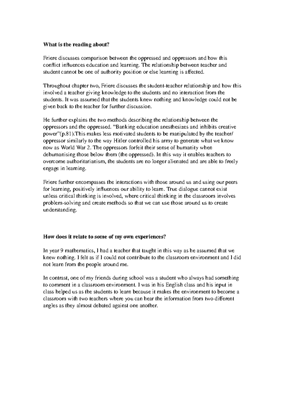 Friere - Pedagogy of the Oppressed - What is the reading about? Friere ...