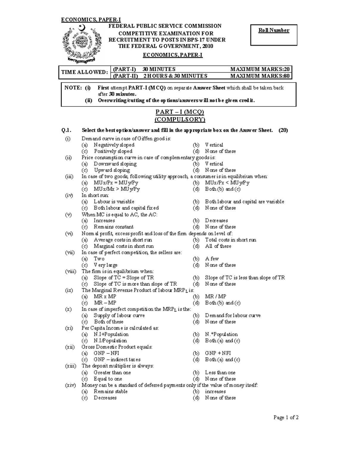 Economics CSS paper - 20 1 0 - Econometrics - AWKUM - Studocu