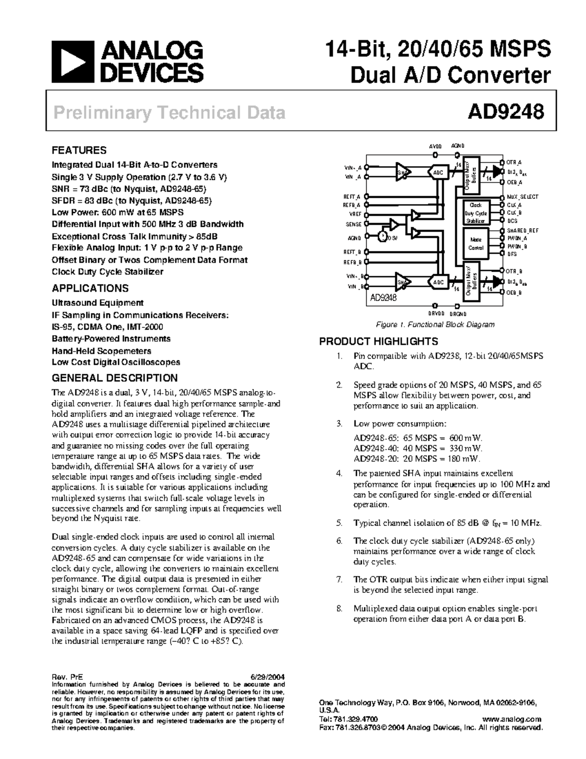 Datasheet AD9248 - Hoja de datos de circuito electrónico - 14-Bit, 20/40/65 MSPS Dual A/ D ...