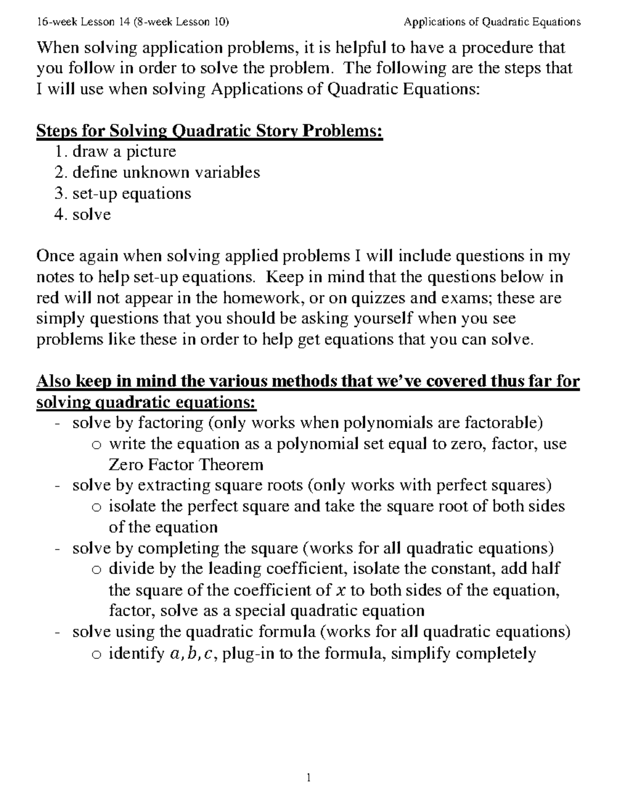 Applications of Quadratic Equations - When solving application problems ...