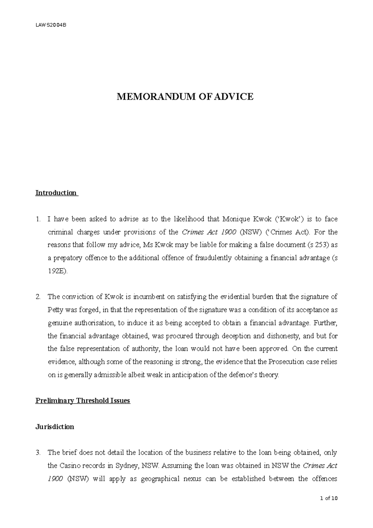 LAWS2004 B- Legal Memorandum - LAWS2004B MEMORANDUM OF ADVICE ...