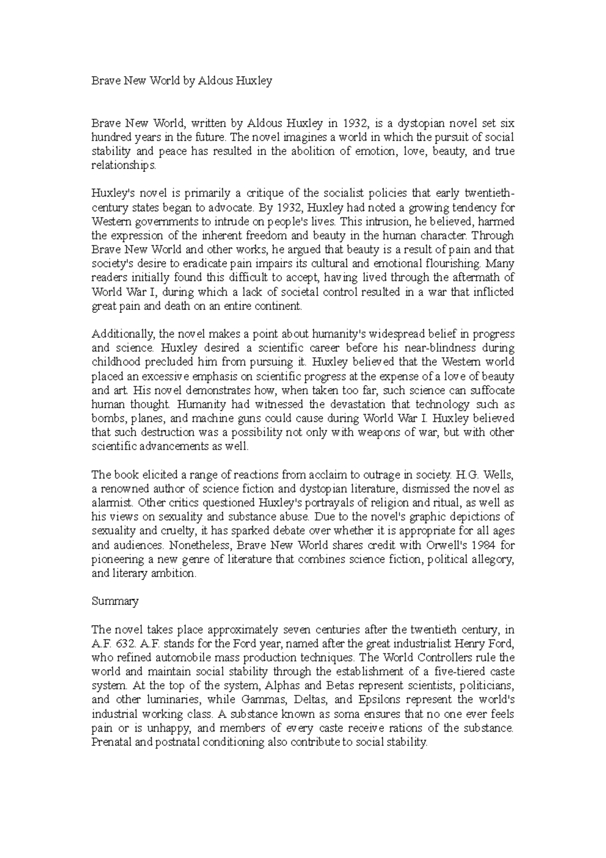 Brave New World by Aldous Huxley - English Literature - AMU - Studocu