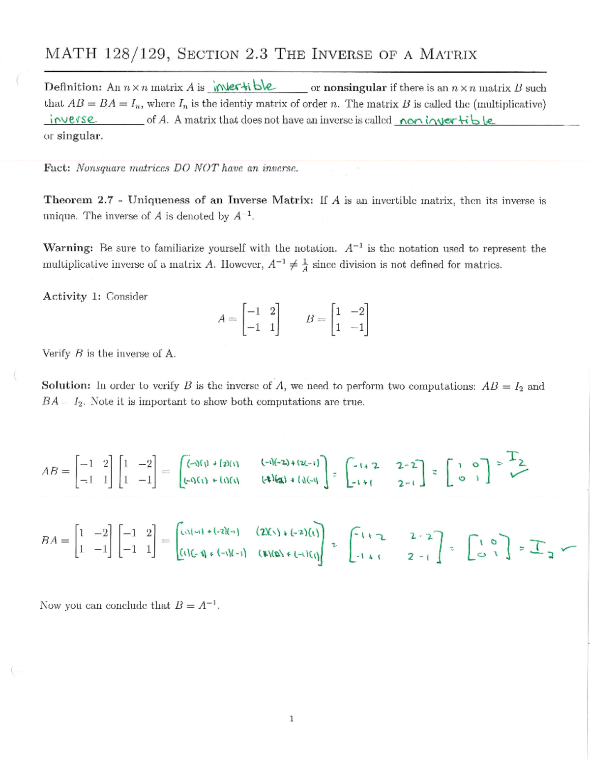 2.3 The Inverse of a Matrix , - MATH 128/129, SECTION 2 THE INVERSE OF ...