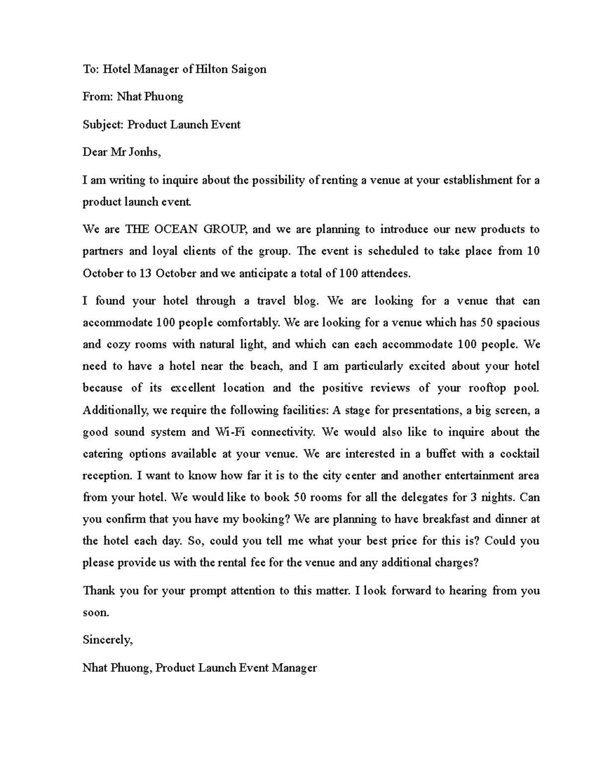 Email - To: Hotel Manager of Hilton Saigon From: Nhat Phuong Subject ...