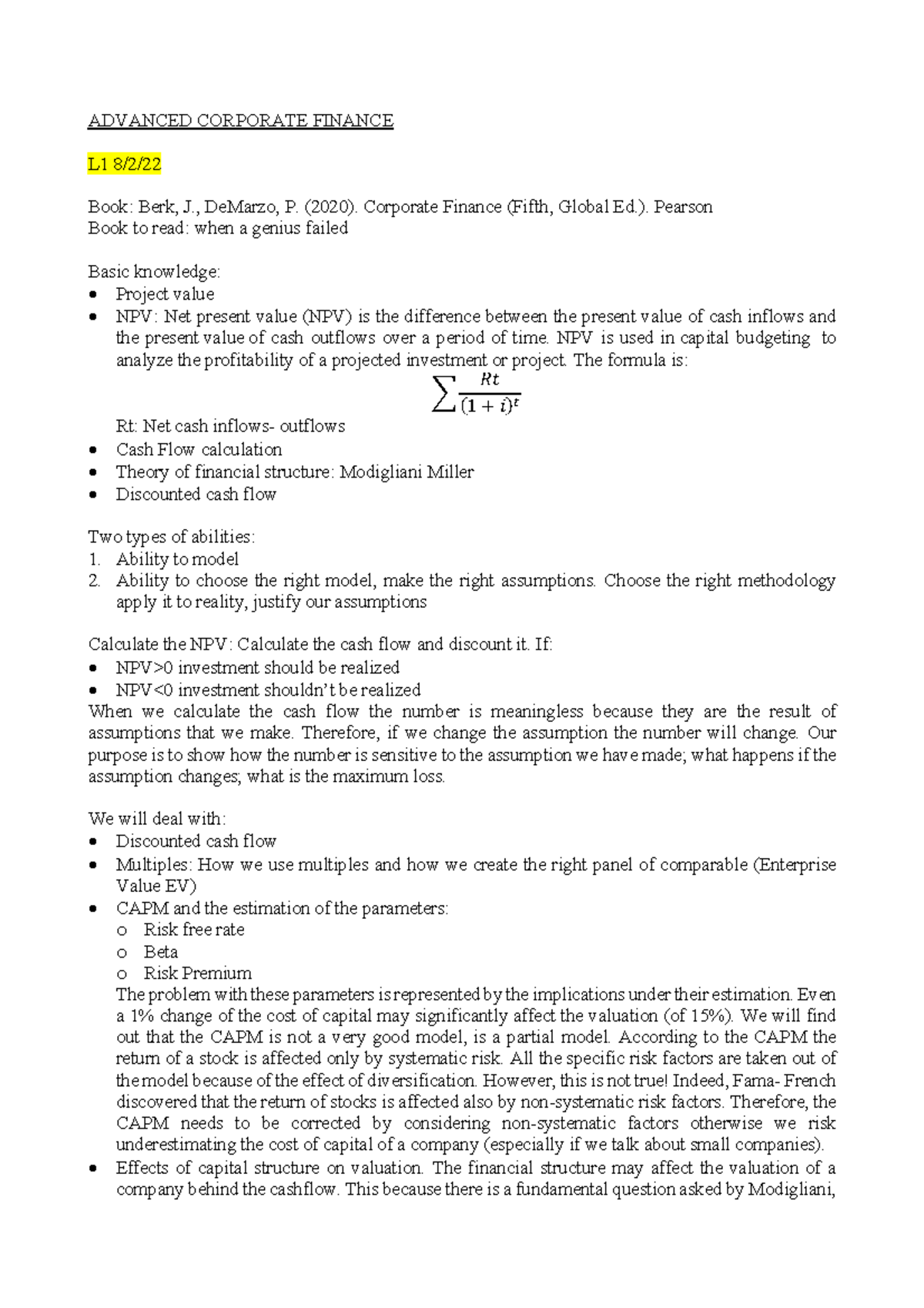 Acf notes all - ADVANCED CORPORATE FINANCE L1 8/2/ Book: Berk, J ...