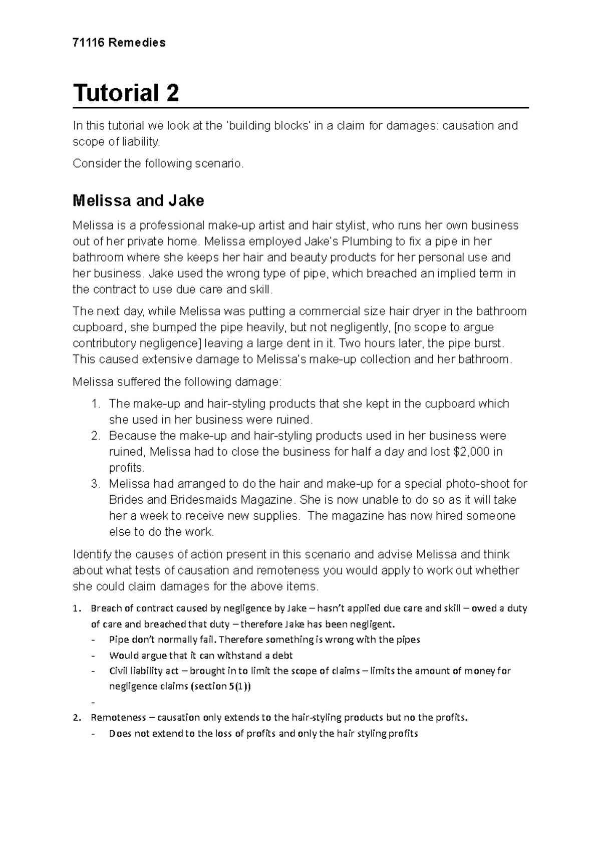 71116 Tut 2 (General principles) Preparation - 71116 Remedies Tutorial 2 In this tutorial we ...