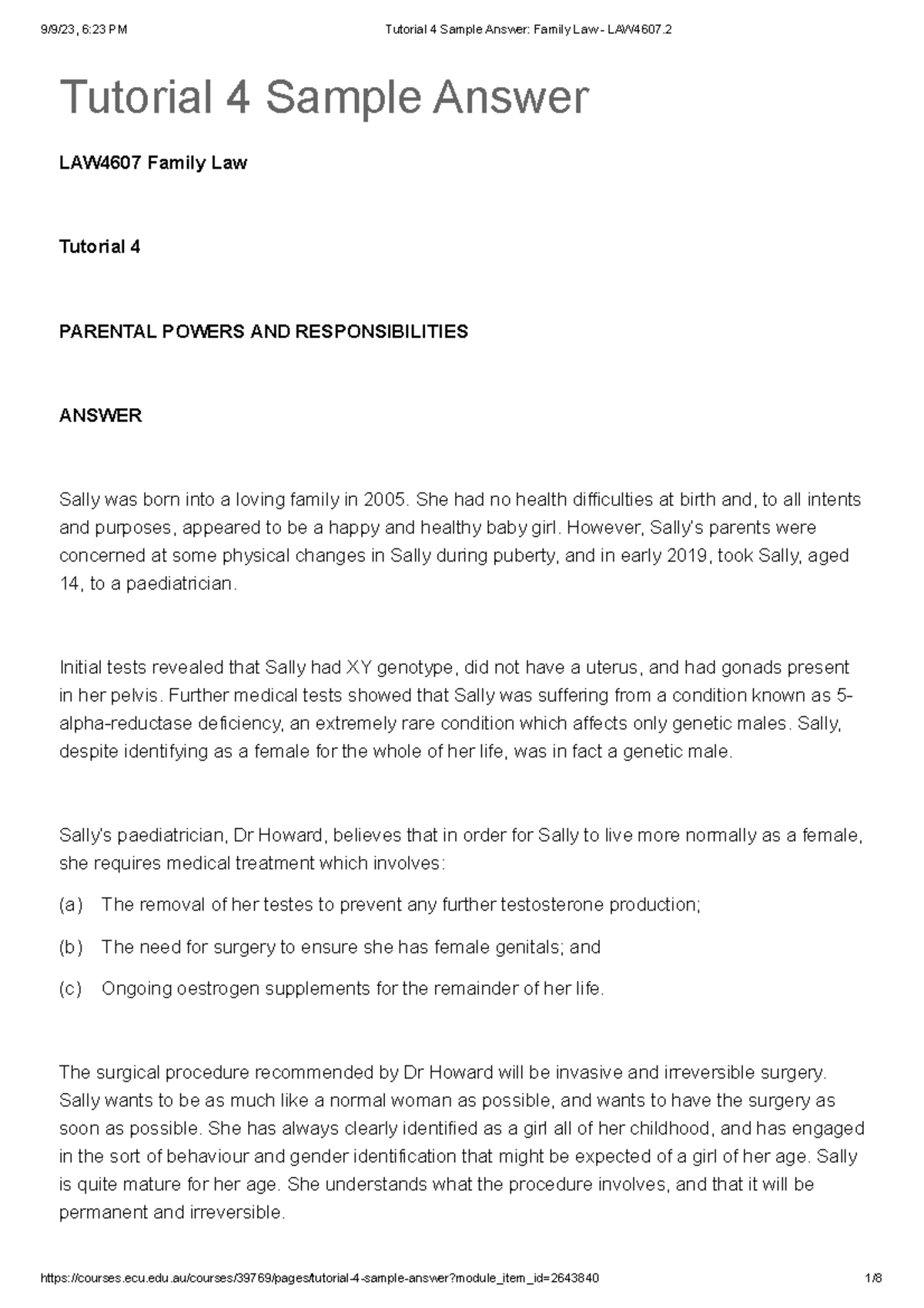 Tutorial 4 Sample Answer Family Law - LAW4607 - Tutorial 4 Sample Answer LAW4607 Family Law ...