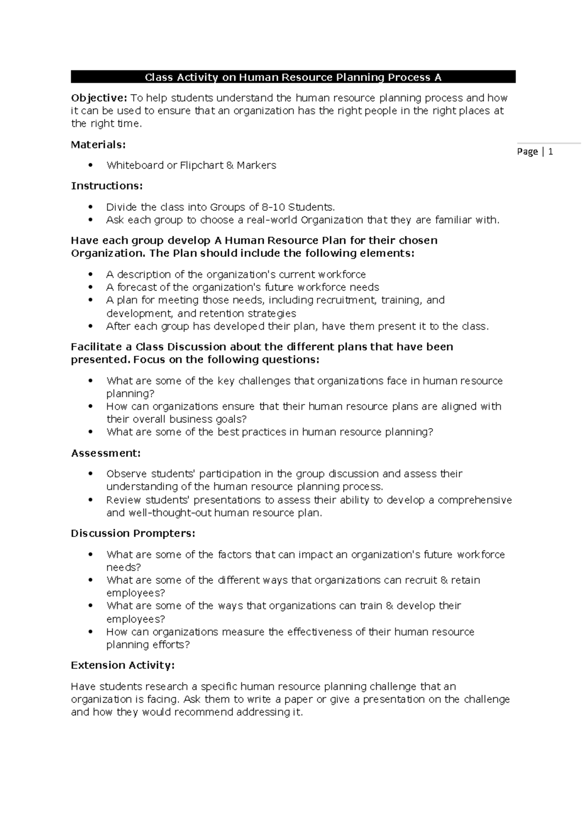 Class Activity on Human Resource Planning Process - Materials ...