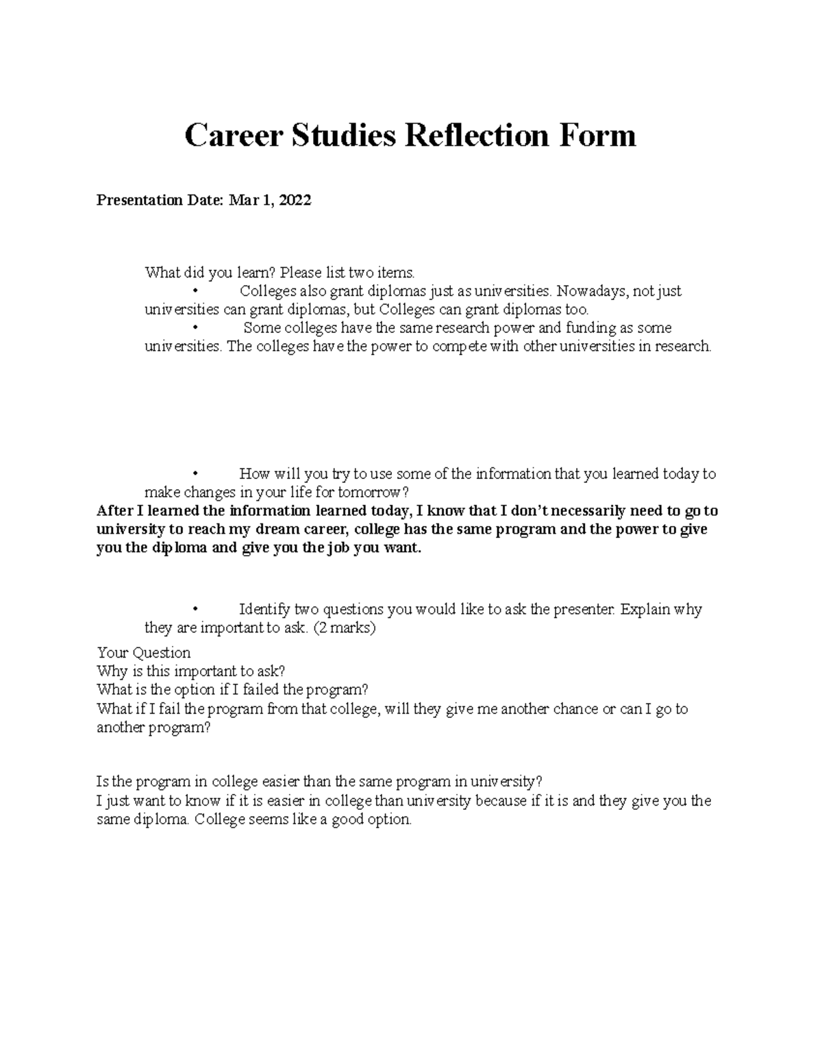 Copy+of+Reflection+Post-Secondary - Career Studies Reflection Form ...