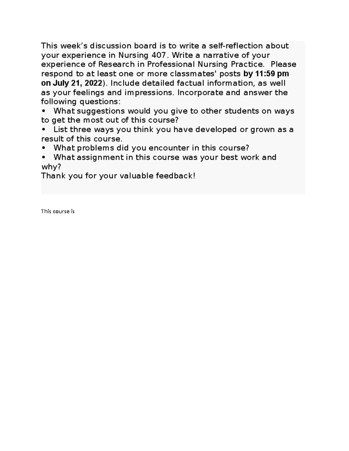 Assignment 4 - This week’s discussion board is to write a self ...