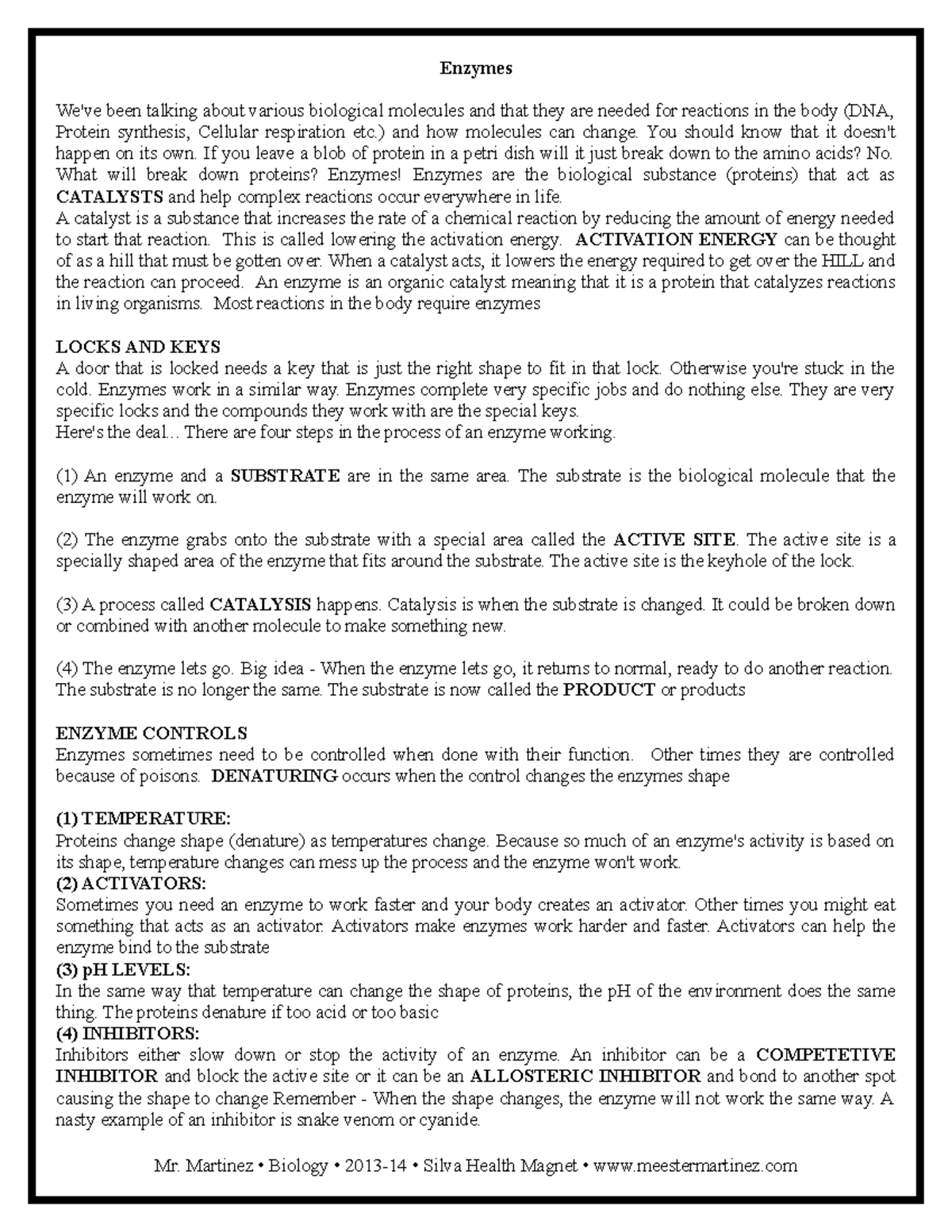 Enzyme worksheet 1 - Enzymes We've been talking about various ...