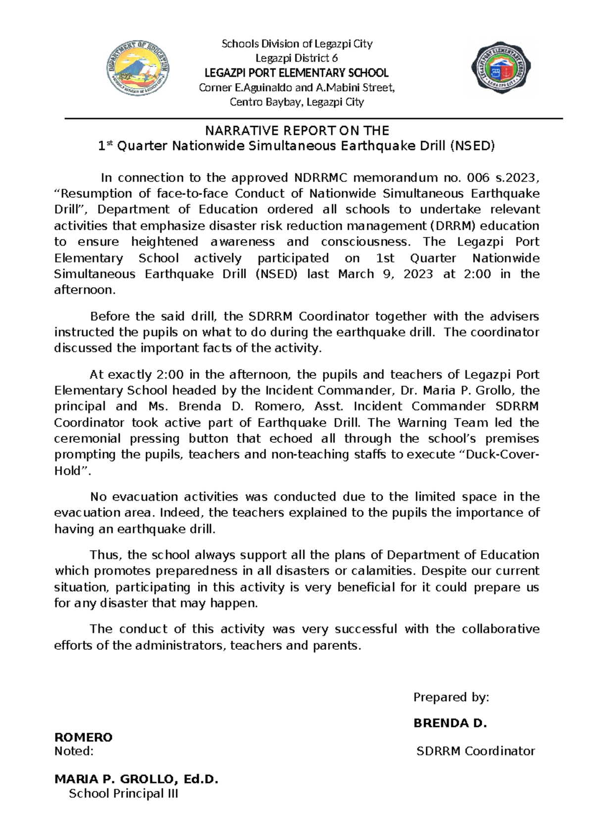 Narrative report-drrm 1st NSED - 23 - Schools Division of Legazpi City Legazpi District 6 ...