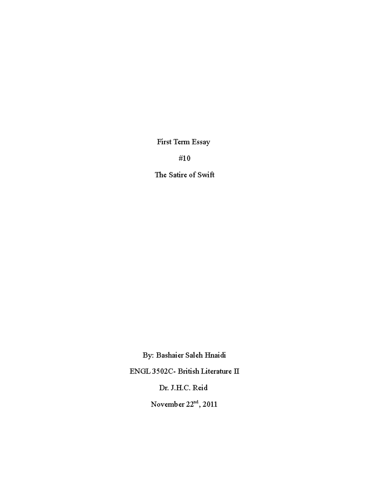 Brit lit essay- satire of swift - First Term Essay # The Satire of ...