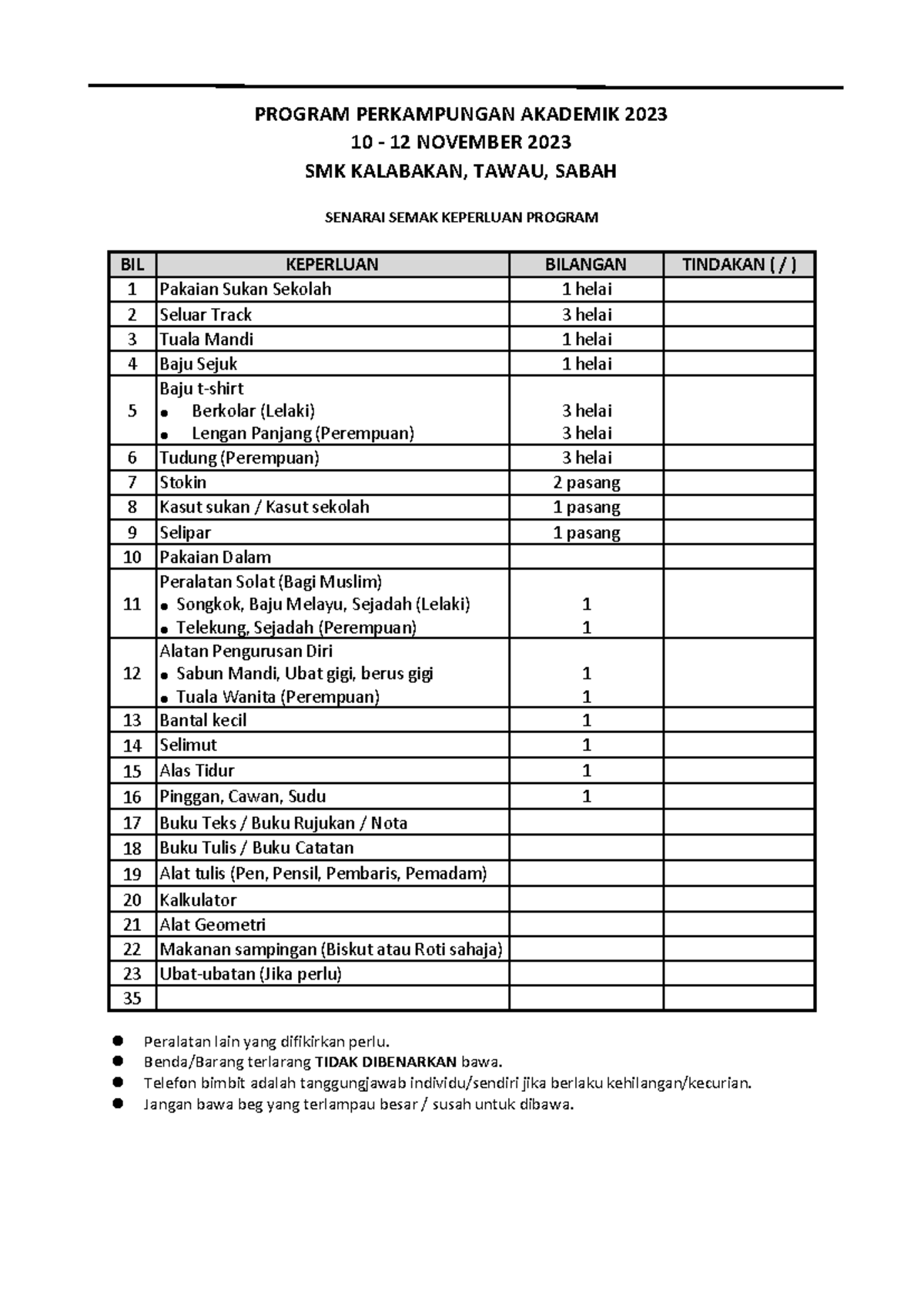 Senarai Semak Keperluan Perkampungan Akademik - PROGRAM PERKAMPUNGAN ...