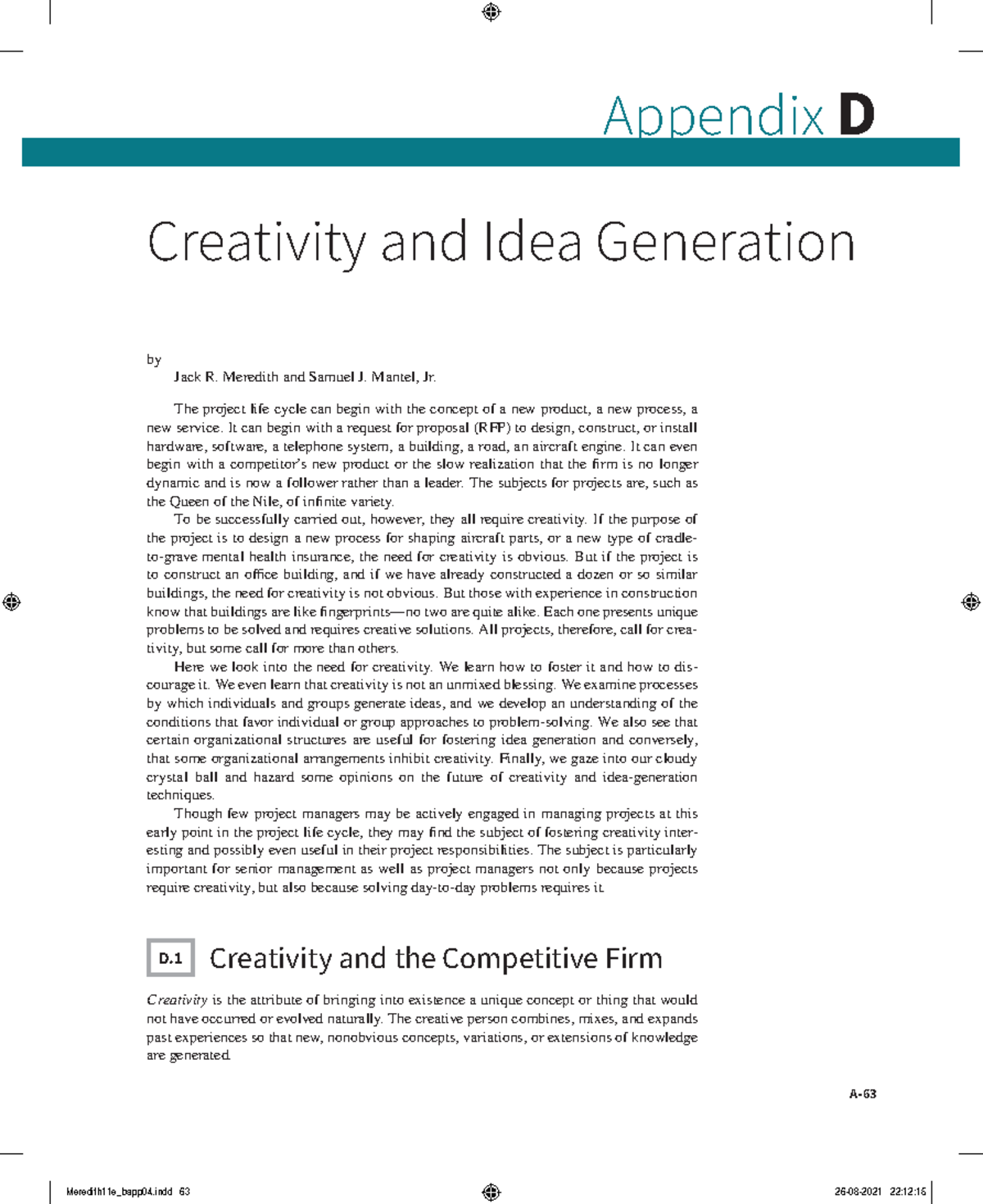 Creativity and Idea Generation - A- Appendix D by Jack R. Meredith and Samuel J. Mantel, Jr. The ...