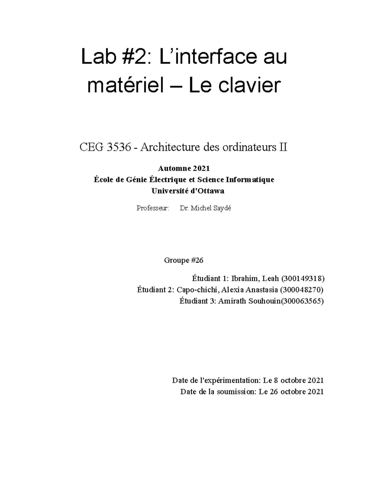 CEG 3536 - Lab 2 - Laboratory - Lab #2: L’interface au matériel – Le clavier CEG 3536 ...