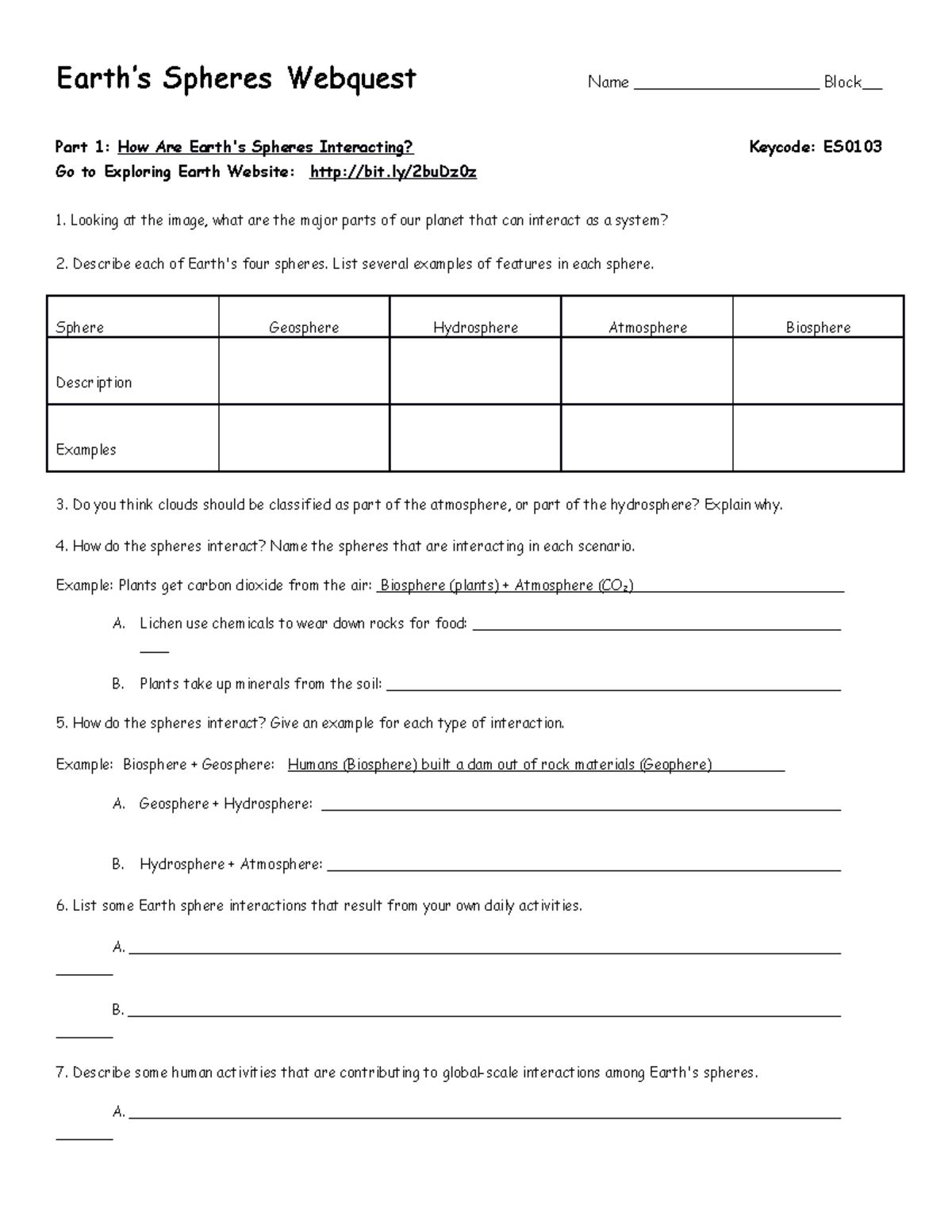 Earth's Spheres Webquest 2016 - Earth’s Spheres Webquest Name ...