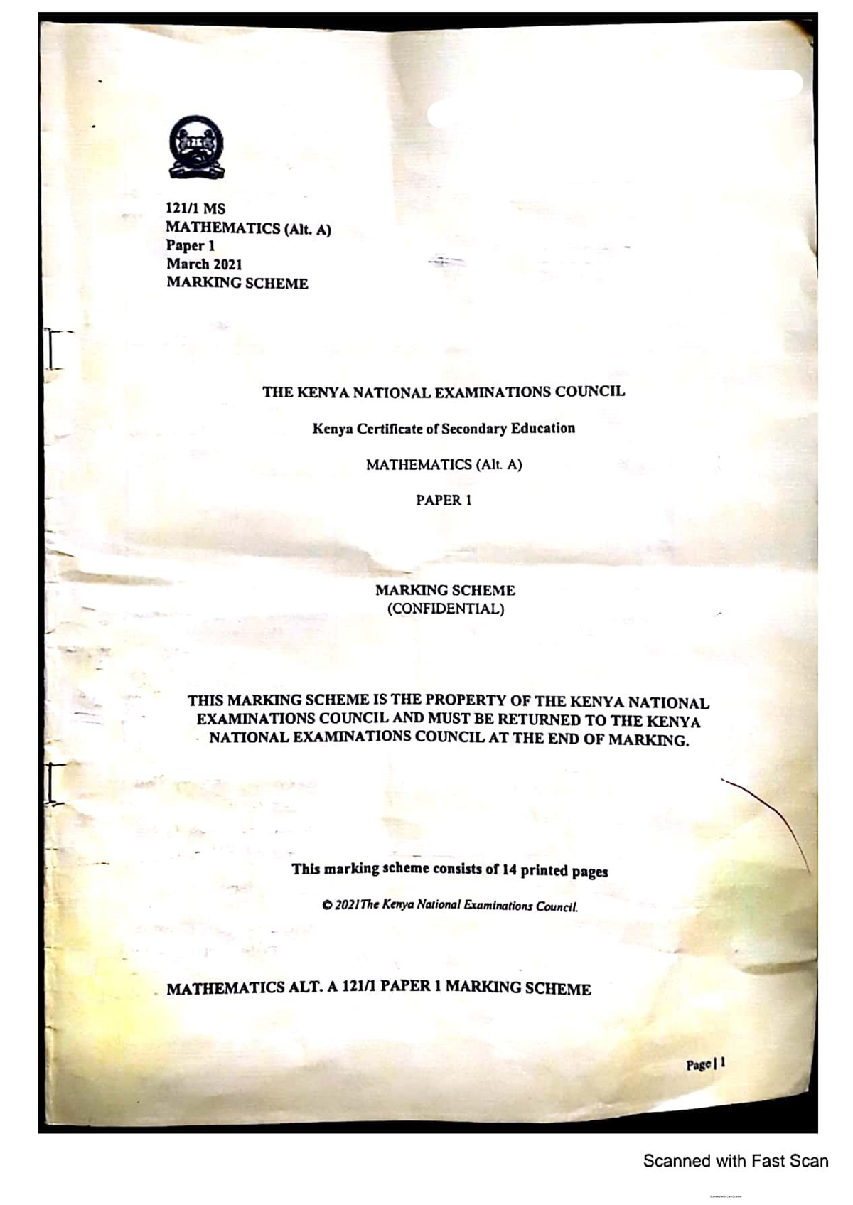 2020 KCSE MATH P1 MS - KCSE PAPER - MS MATHEMATICS (Alt. A) Paper 1 ...