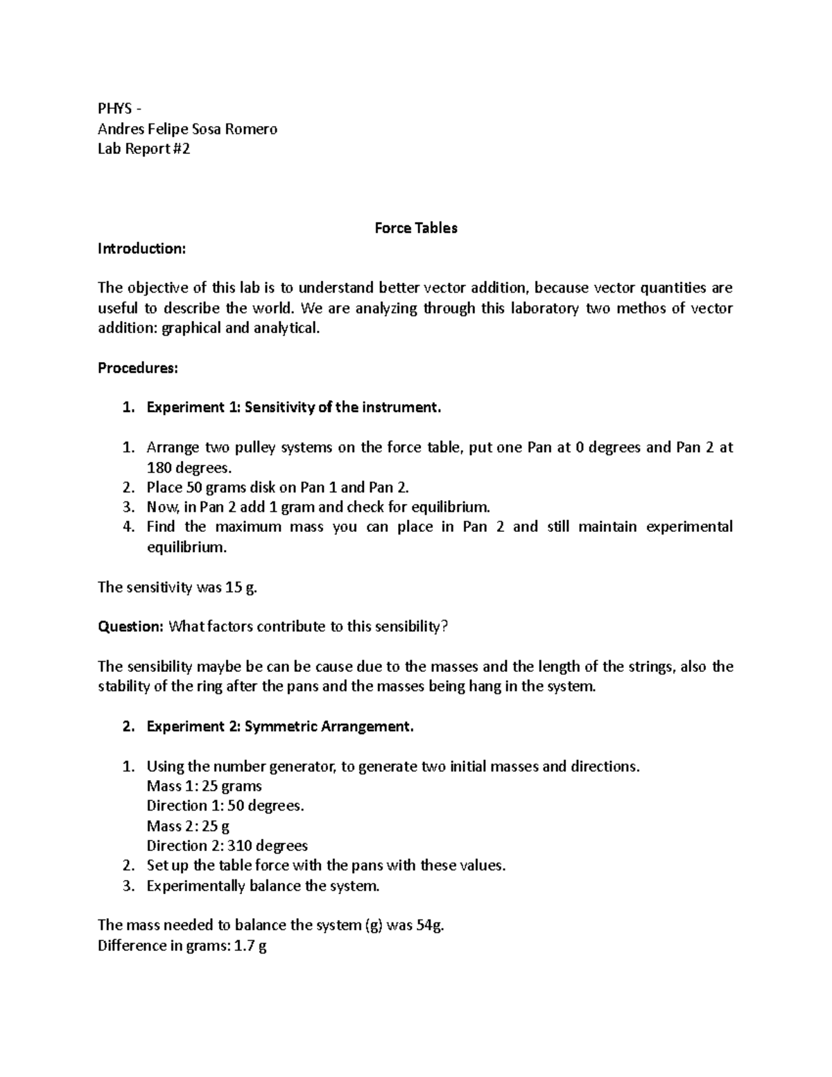 Physics la 2 - lab report number 2 little g - PHYS - Andres Felipe Sosa ...