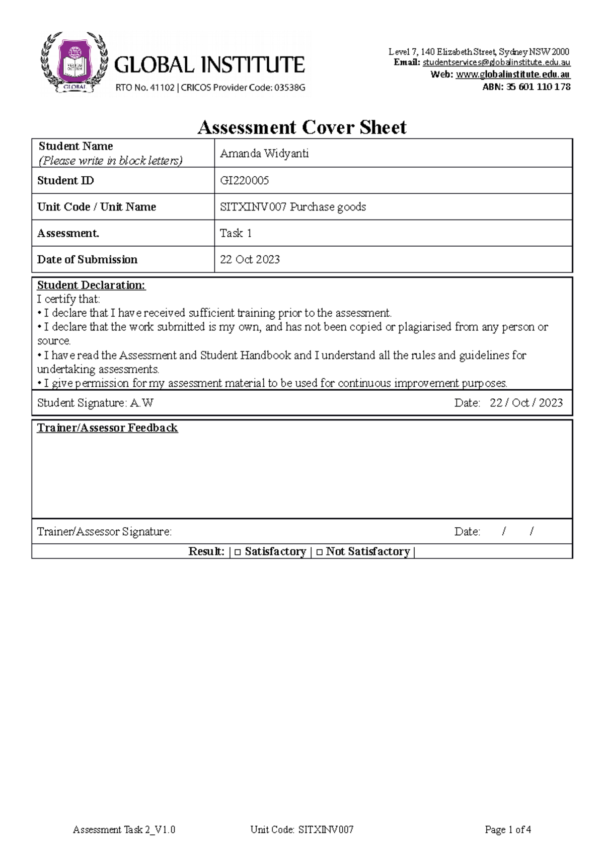 Sitxinv 007 Assessment Task 1 - Student pack - Assessment Cover Sheet ...