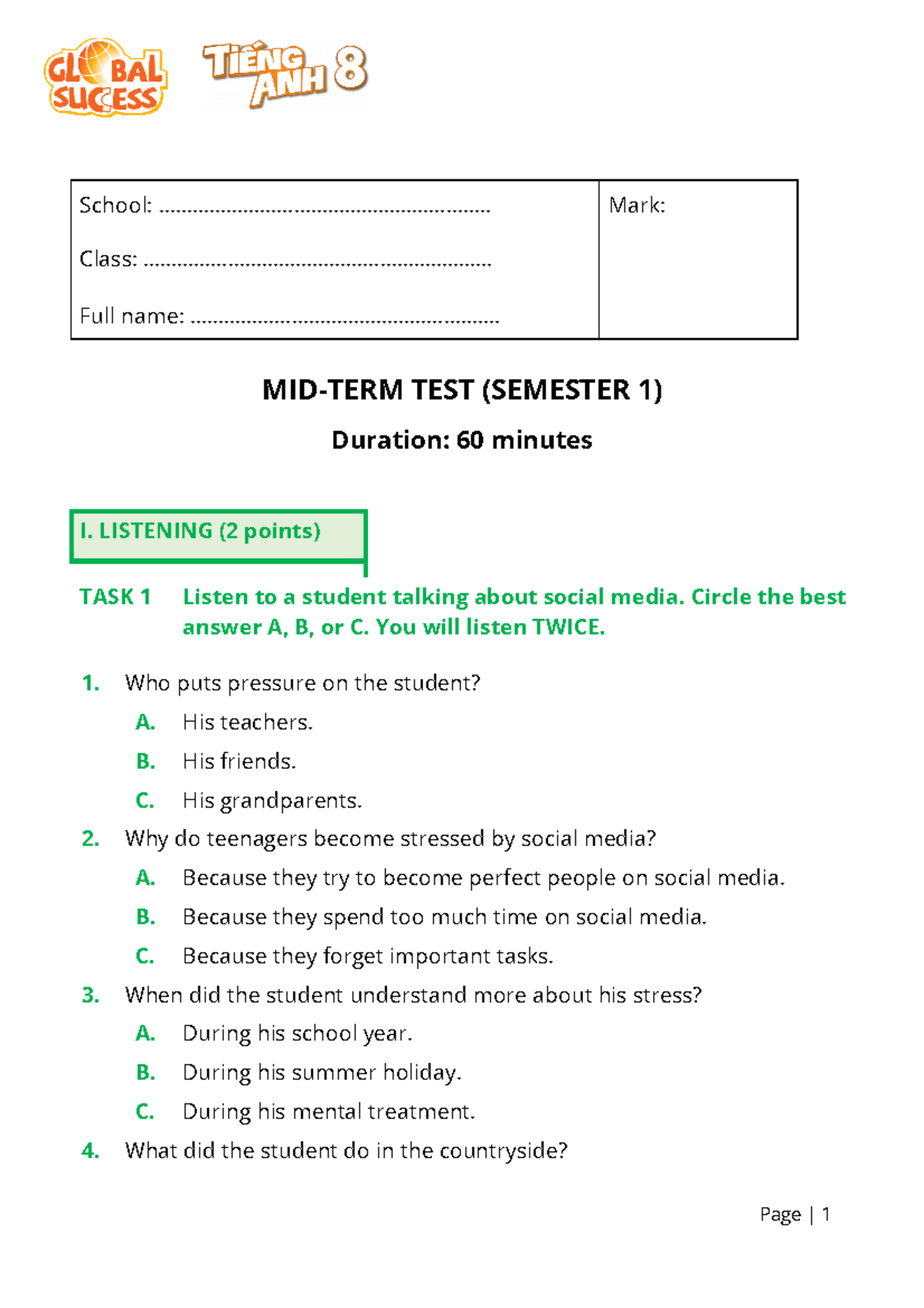 Midterm Test 1 (Semester 1) - School