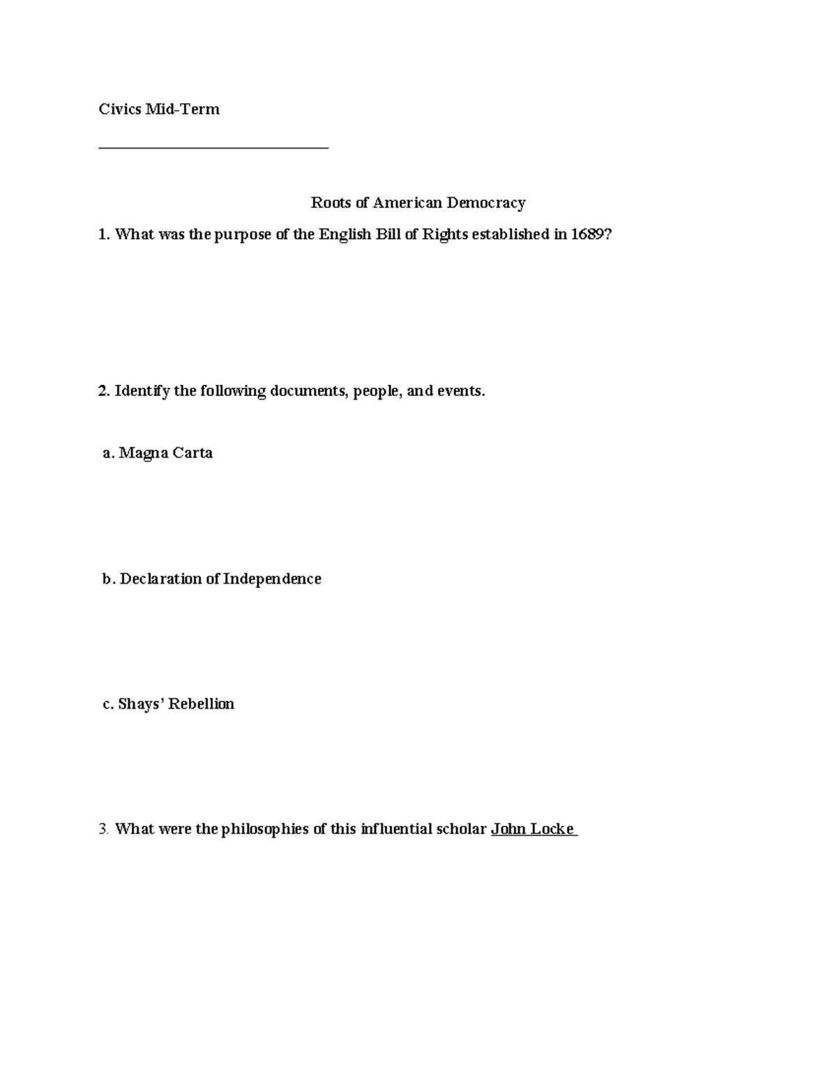 Civics Mid term - none - Civics Mid-Term Roots of American Democracy ...