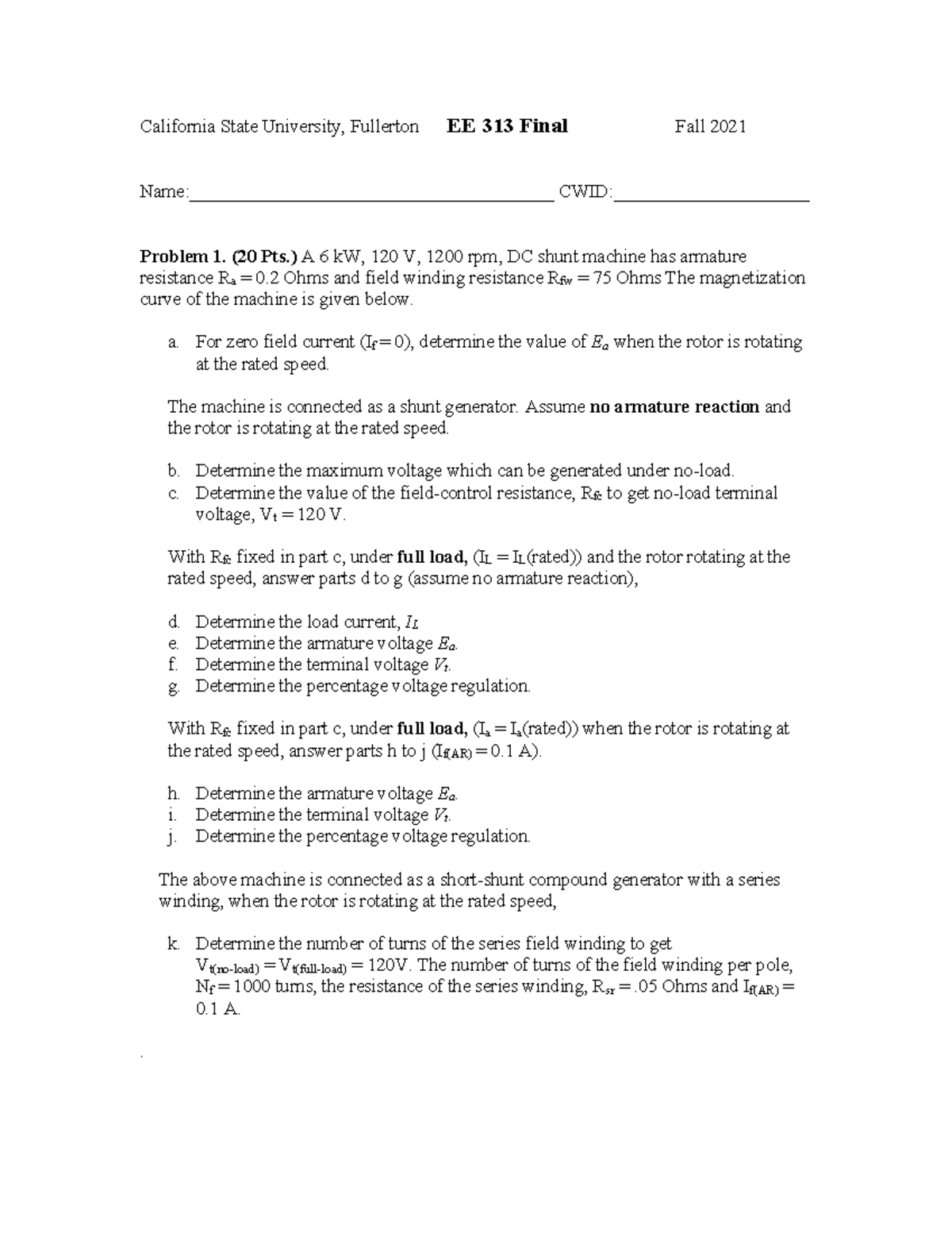 Final Examination - California State University, Fullerton EE 313 Final ...