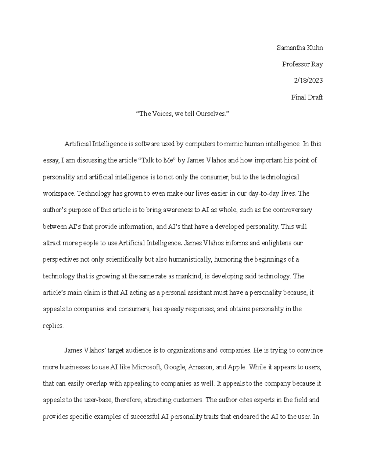 Final Draft - Critical analysis essay - Samantha Kuhn Professor Ray 2 ...