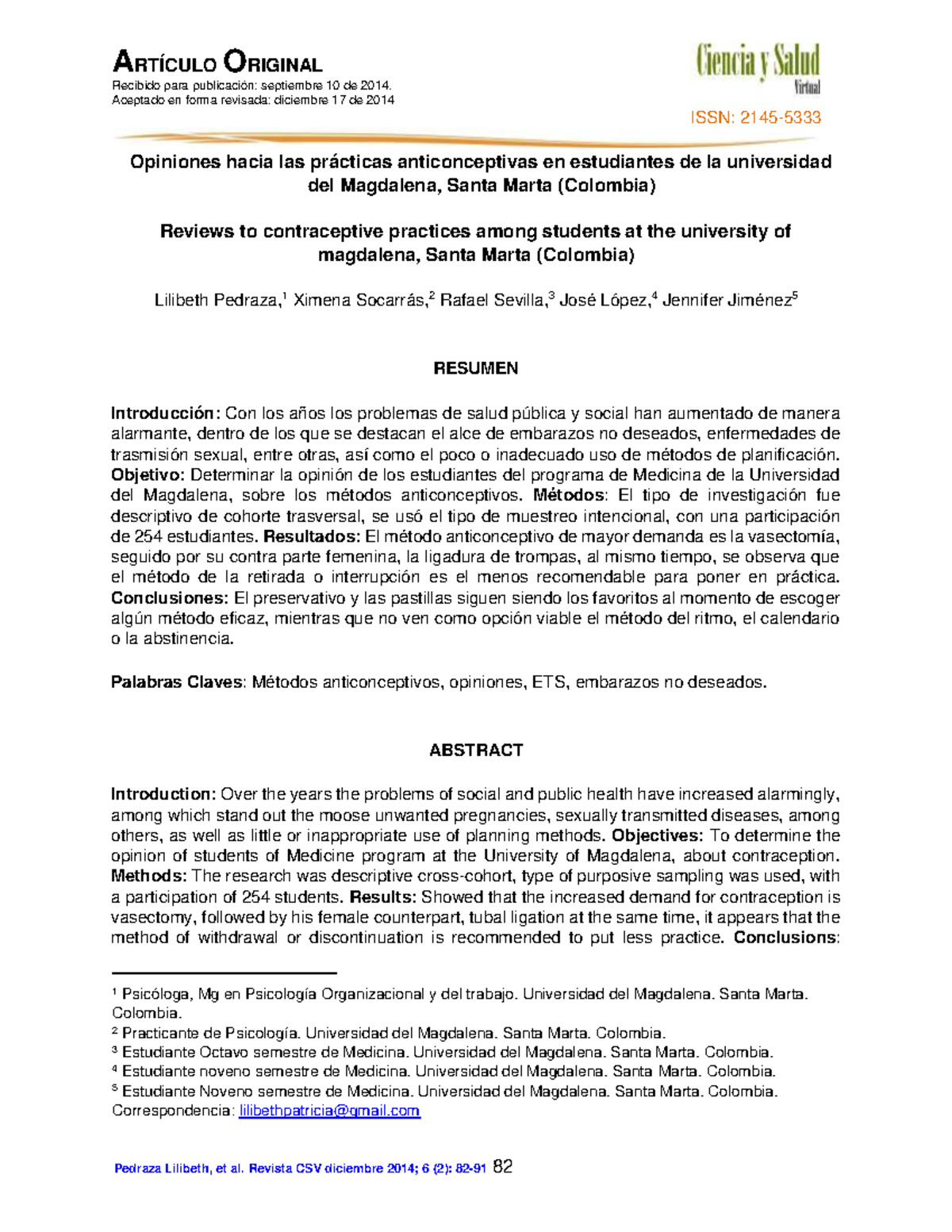 Ejemplo de articulo - RFGH - ARTÍCULO ORIGINAL Recibido para ...